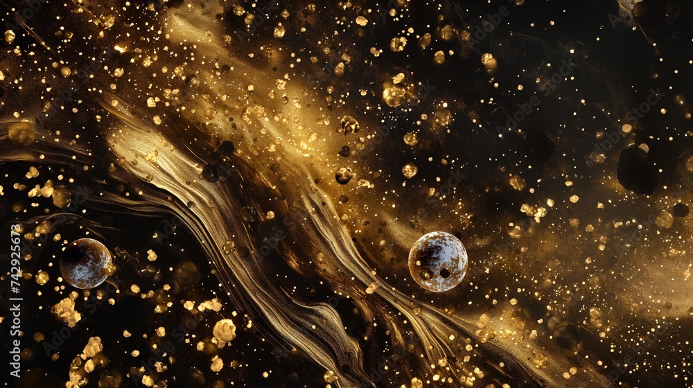 A dynamic and explosive cosmic scene, where gold foil bursts forth ...
