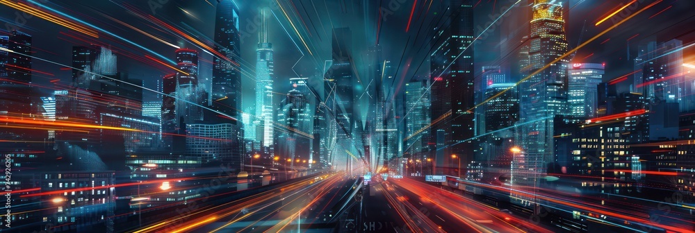 Futuristic highway with glowing blue traffic data and smart city ...
