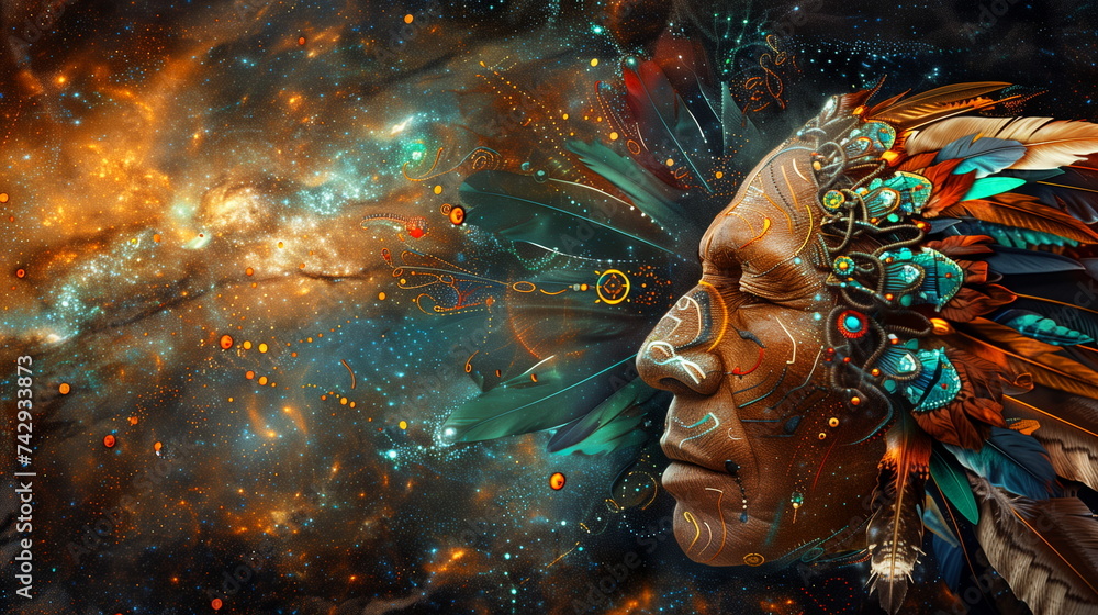Cosmic artwork of a native chief with a feather headdress blending with ...