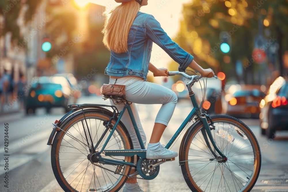 A woman gracefully rides her hybrid bicycle through the city streets ...