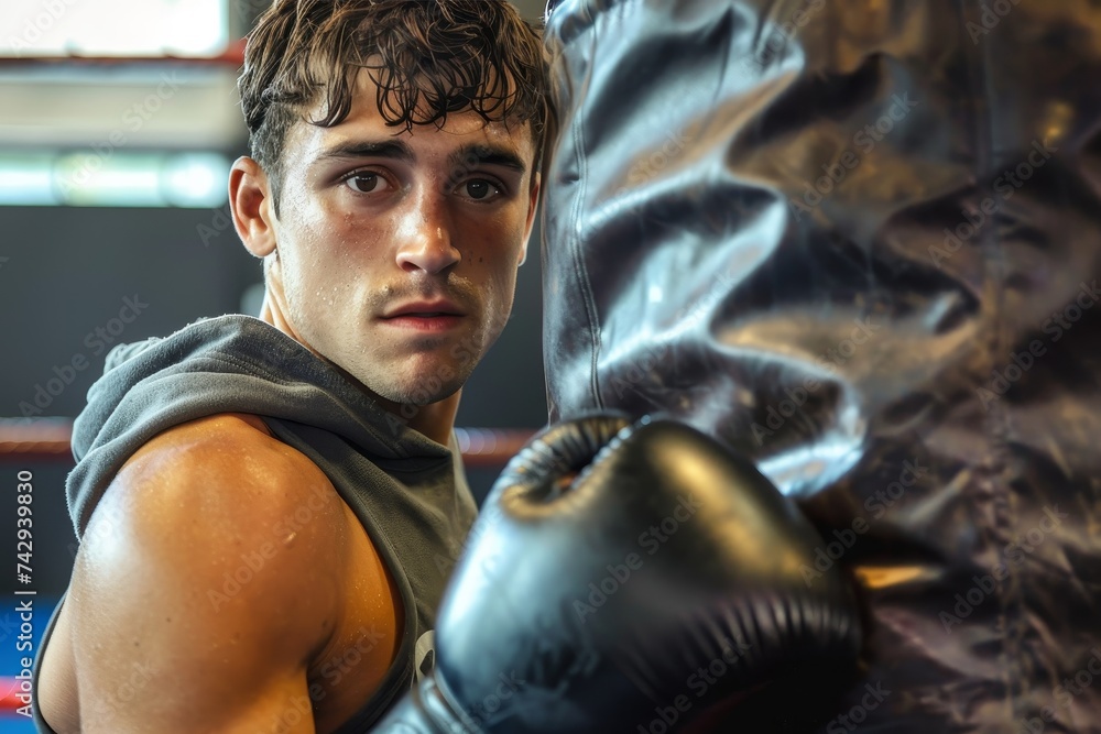 A determined man with bulging muscles and an intense look on his face ...