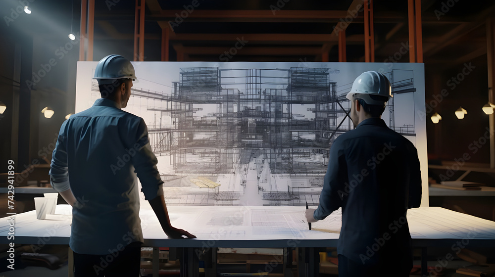 Engineers analyzing structural drawings and discussing reinforcement ...