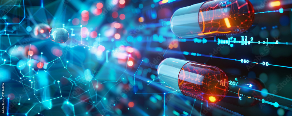 Quantum computing used in pharmaceutical research speeding up drug discovery in a futuristic lab ...