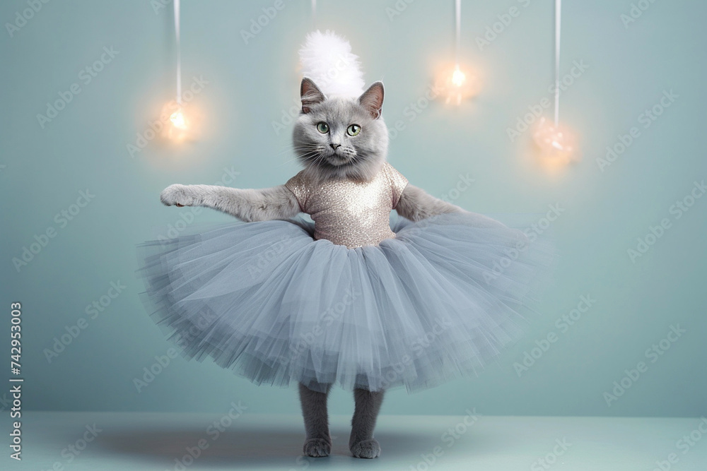 Cat ballerina dancer in a tutu on pastel background. Cat dancing in ...