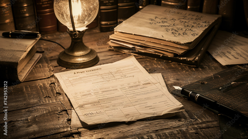 vintage report card from the 1920s, black and white, with elegant ...