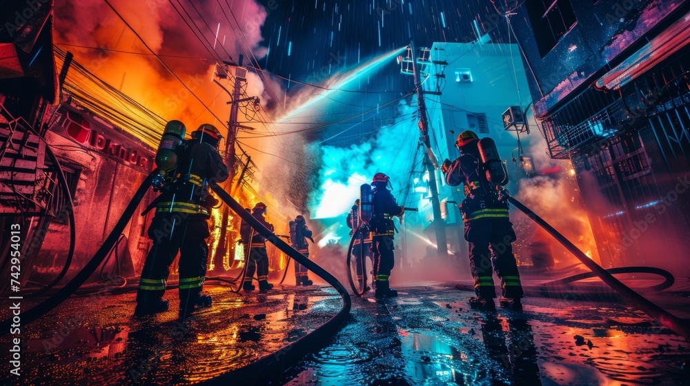 Firemen at work,Firemans team during firefighting Stock Illustration ...