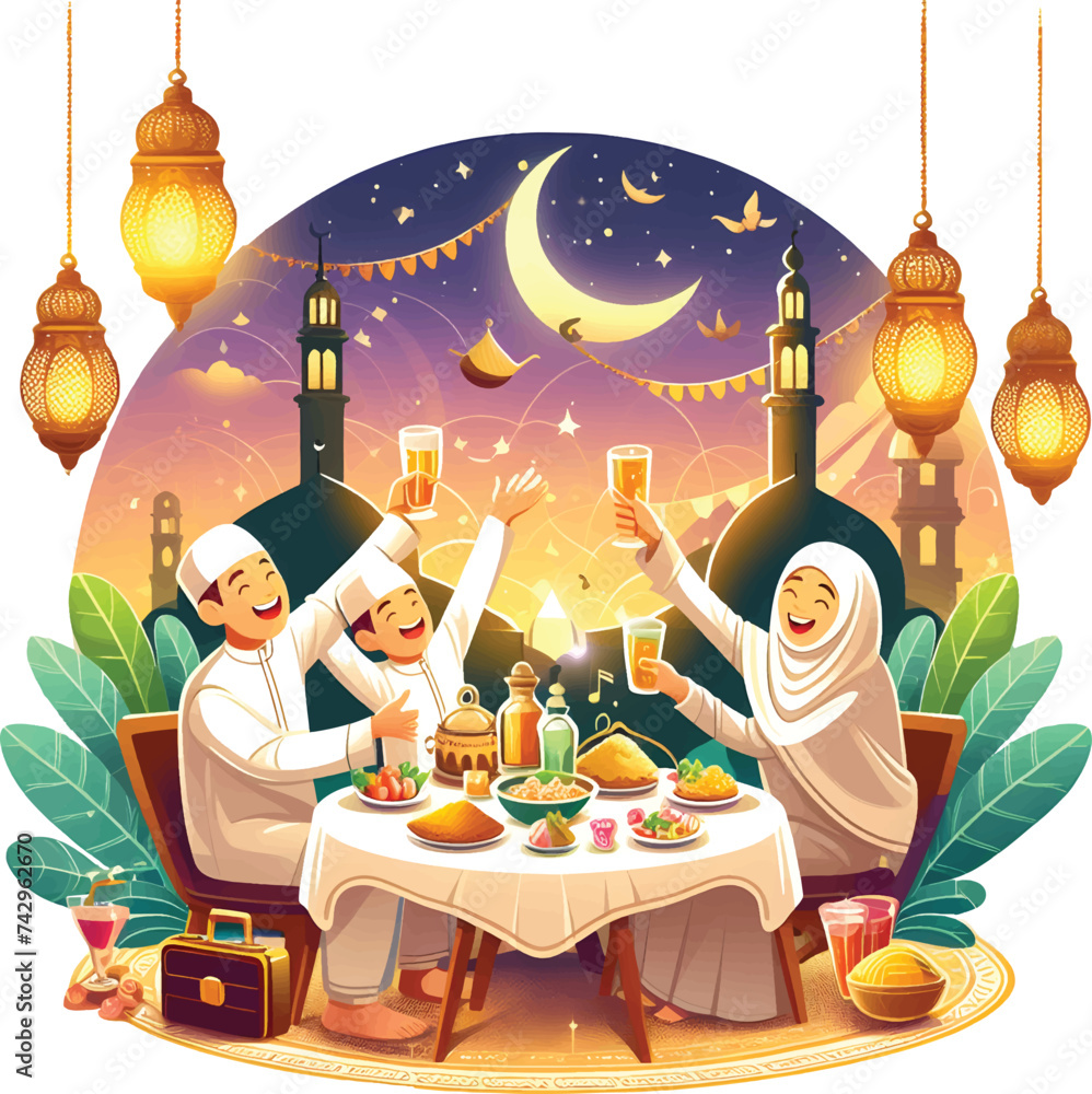 Vector a happy muslim family sitting together for iftar with full of ...