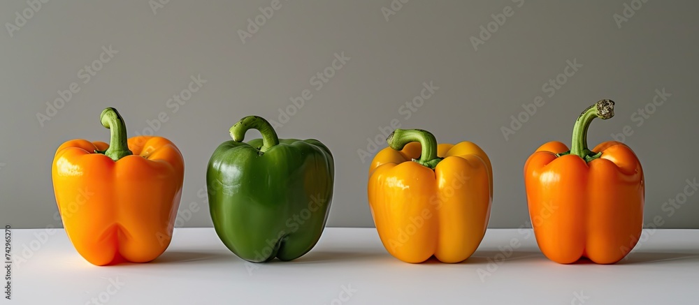 Four peppers of varying colors, sizes, and shapes sit next to each ...