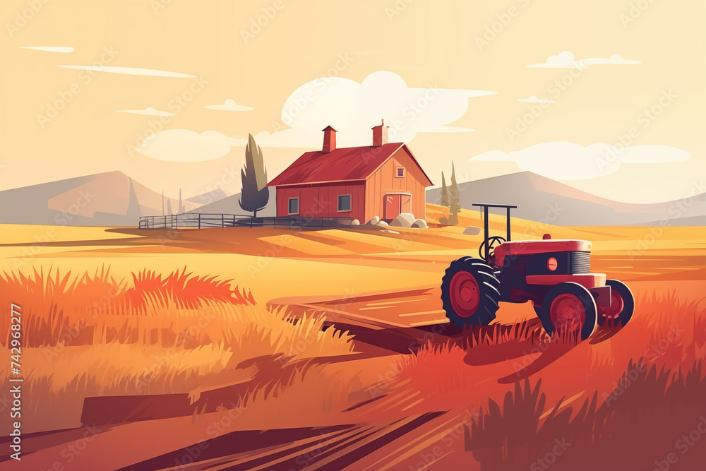 Rural landscape. Cartoon farm with barns,haystacks and tractor ...
