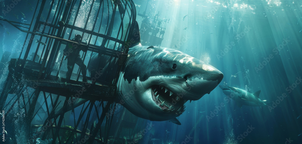 White shark attack a scuba diver, cage / great white shark swims around ...