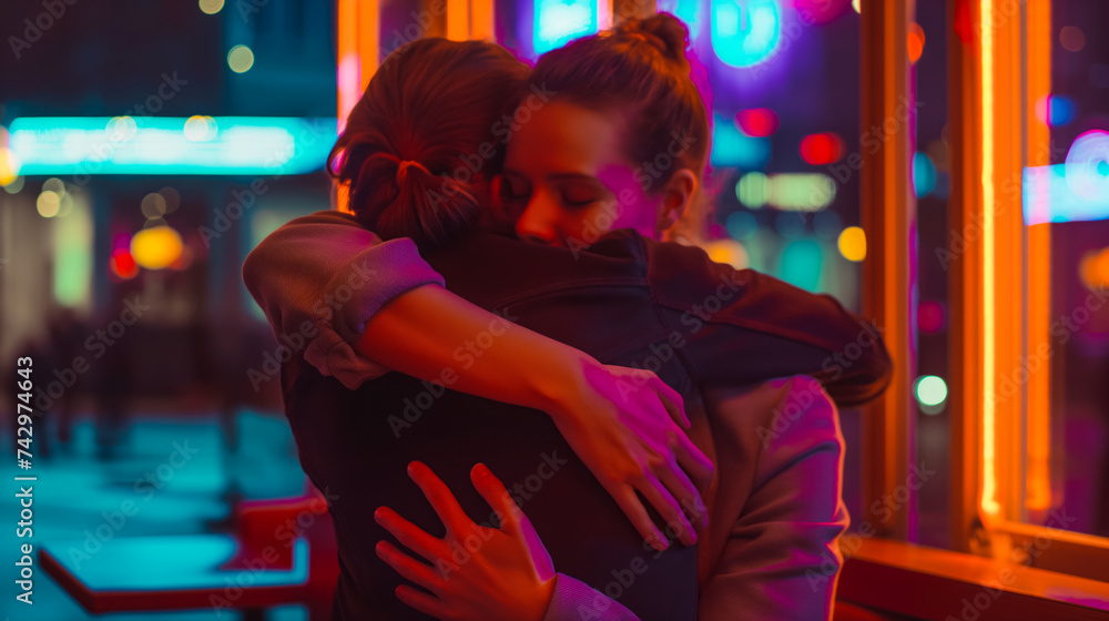 Young people hugging near a night cafe, neon light, supporting loved ...