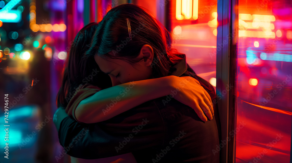 Portrait of two young people hugging, supporting loved ones in ...