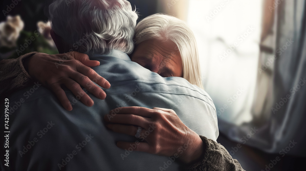 Friendly hug of support in difficult times, two elderly people hugging ...