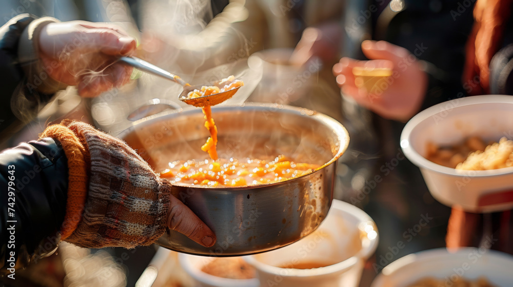 A person serving a hot, hearty vegetable stew from a large cooking pot ...
