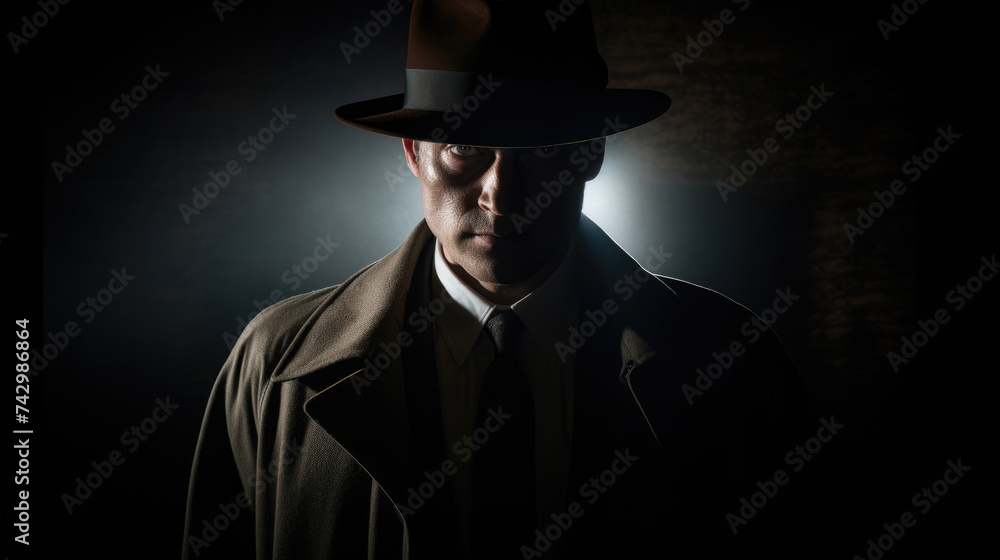 Man in a raincoat with a hat at night. Portrait of a detective in the ...