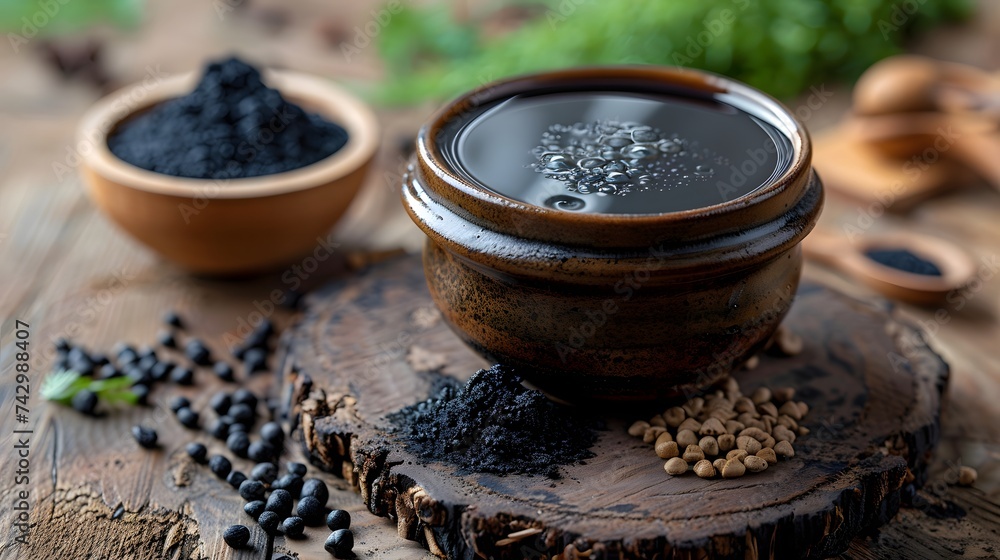 large glass cup with hot liquid shilajit on a table background Stock ...