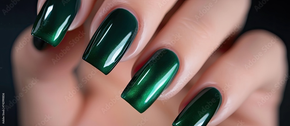 A close-up of a womans hand showcasing stunning green gel nail polish ...