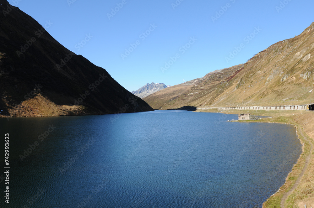 Stausee am Oberalp PAss. Lake at the Oberalp Pass in the swiss alps ...