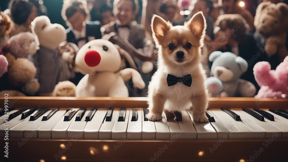 dog playing piano A hilarious puppy with a bow tie and tutu, doing a ...