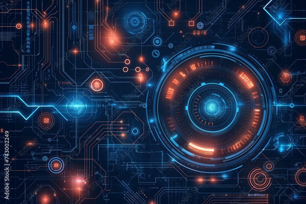 A tech-inspired background with digital icons and circuit patterns merged with modern geometric ...