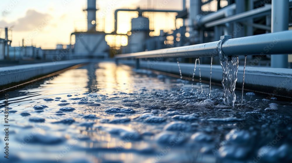 Water leaking from large pipes in the factory, flooding in the factory ...