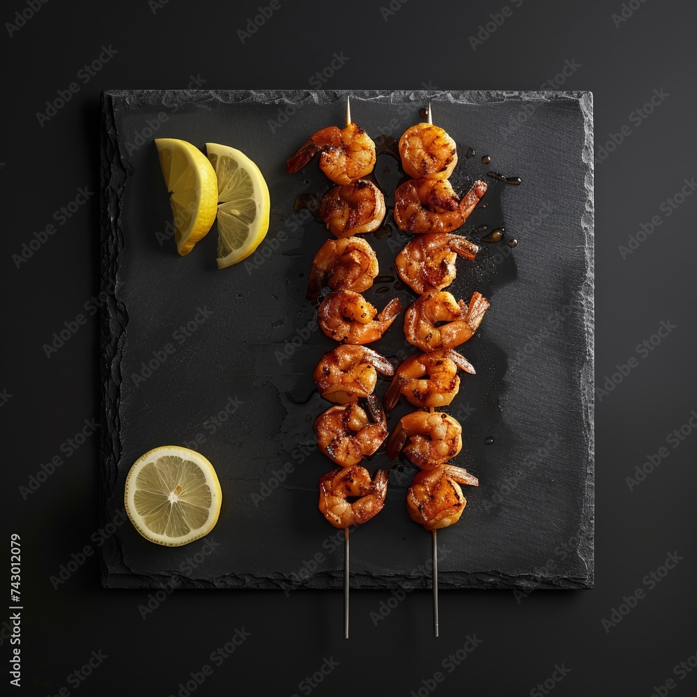 kushiyaki prawns, each on individial bamboo skewers, on each individual ...