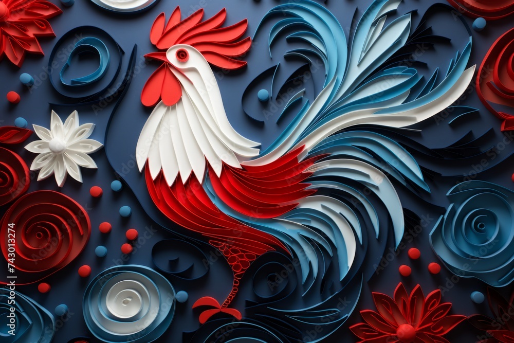 Rooster symbol France. Close-up of a rooster in the color of the French ...