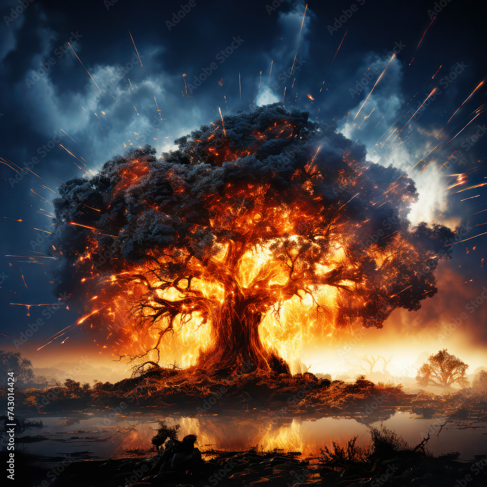 An intense digital art depiction of a mighty tree consumed by fire ...