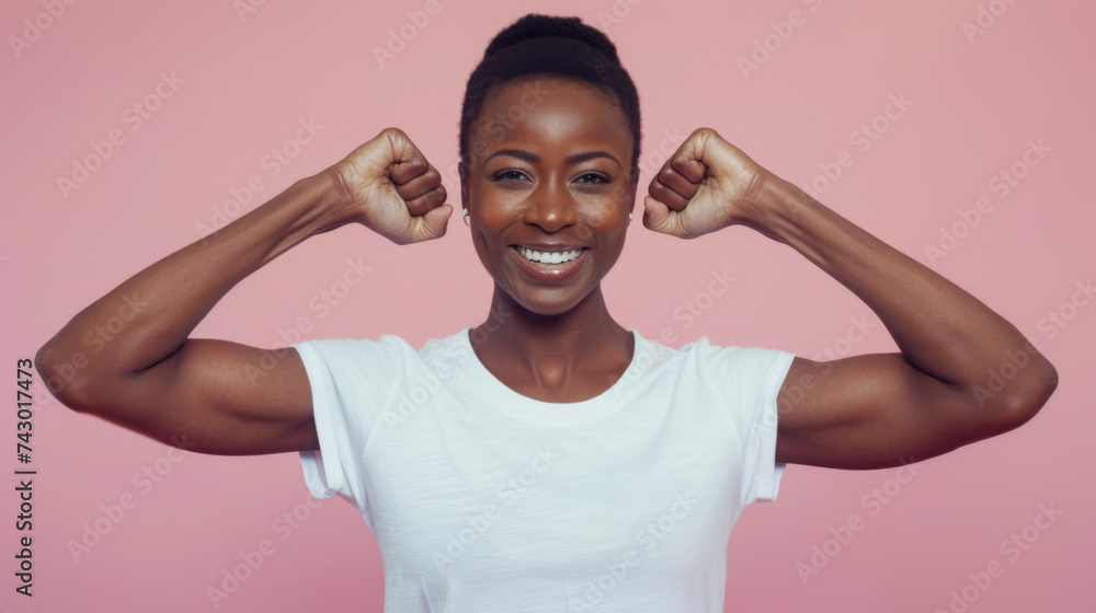 A happy person flexing their muscles in a display of strength and ...