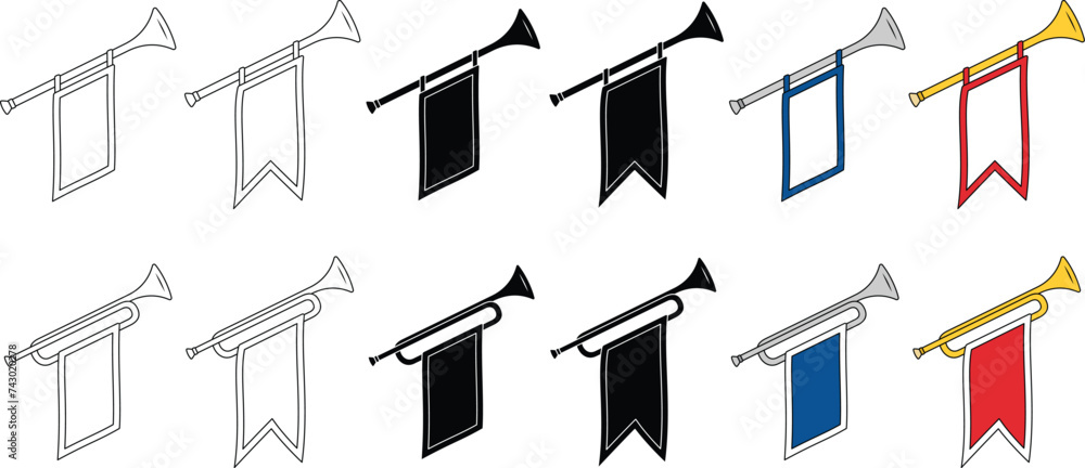 Angled Ceremonial Trumpet with Banner Signage Clipart Set - Outline ...