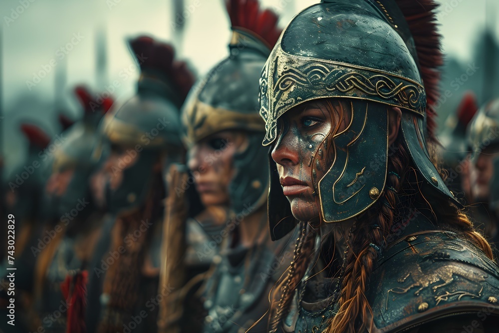 Fierce female warriors in helmets getting ready for battle in ancient times. Concept Ancient ...
