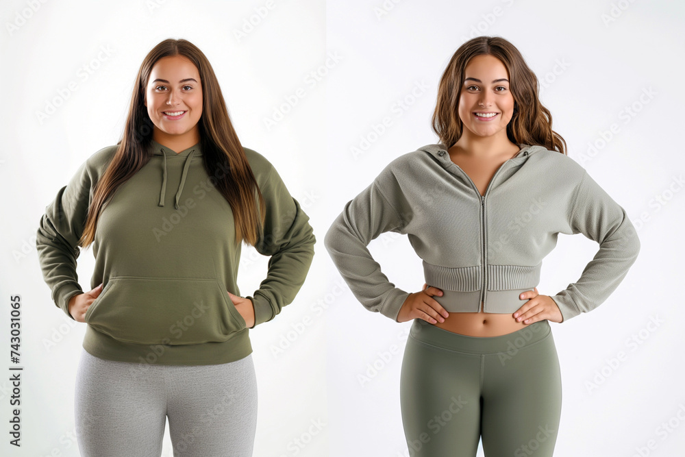 Woman posing before and after weight loss. Diet and healthy nutrition ...