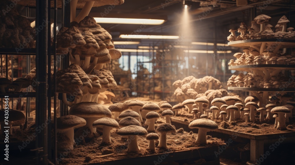 Generative AI A panoramic view of an organic mushroom farm cultivating ...