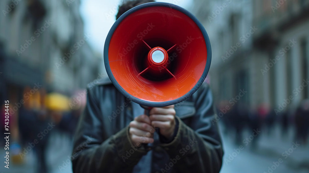 Person holding megaphone in front of face. Front view of aperson ...