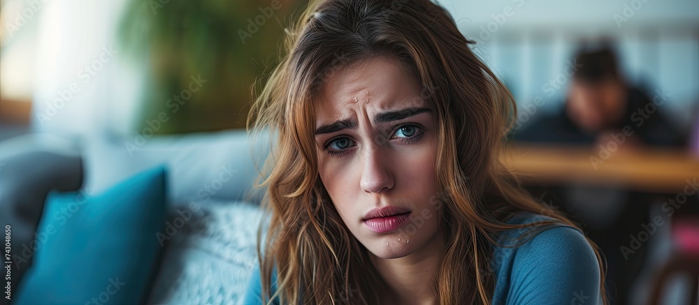 Sad upset young woman crying while talking about her problems with her ...
