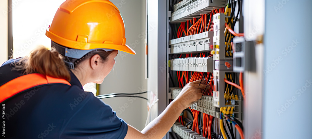 Electrician woman installing a electric switchboard system Stock Photo | Adobe Stock