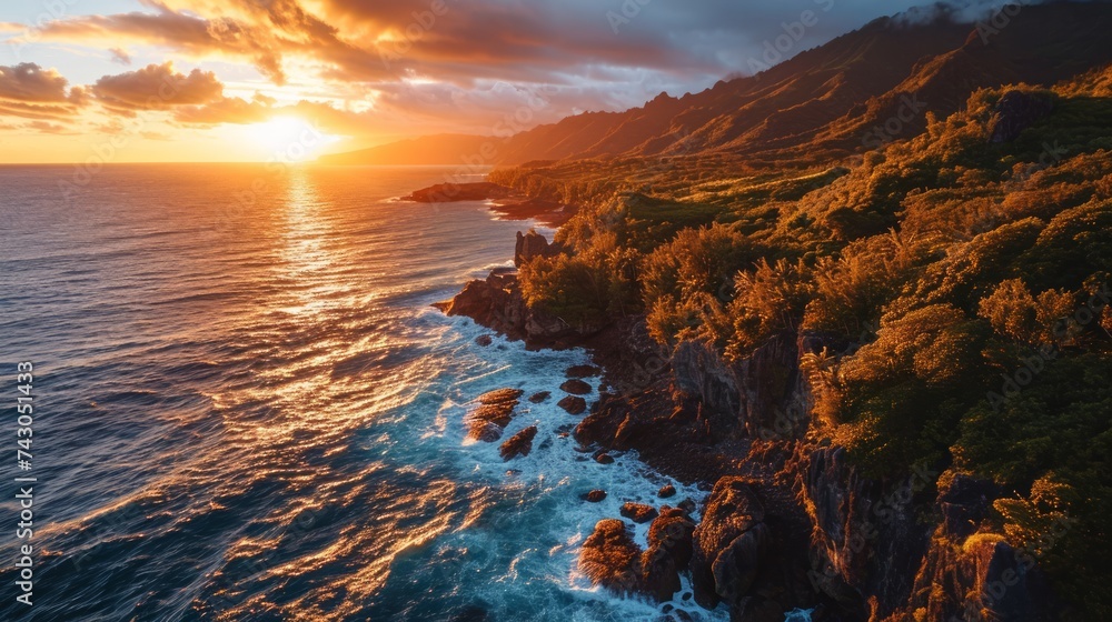 Generative AI Coastal enchantment, drone's perspective, sun on horizon ...