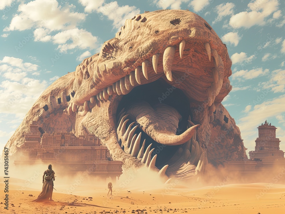 3D illustration of a desert colossus its teeth forming ancient ruins ...
