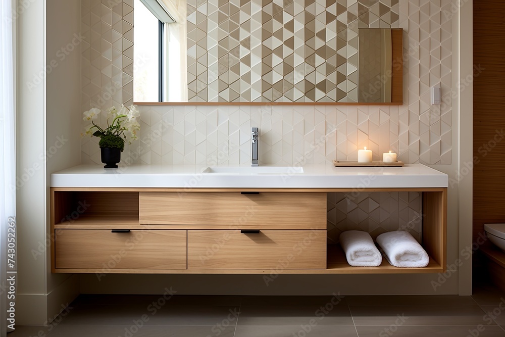 Floating Vanity Bathroom: Grid Patterned Tiles Wall Comes Alive with ...