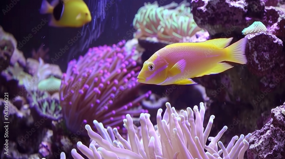 Colorful goby fish among vibrant corals in a saltwater tank create an ...