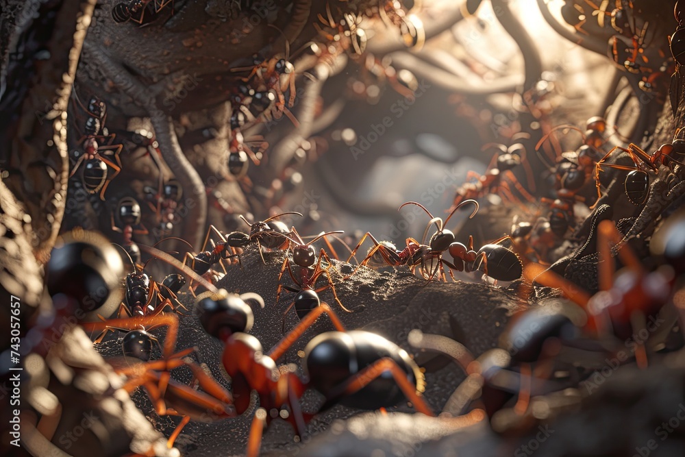 Create a uniquely detailed piece featuring a colony of ants magnified ...