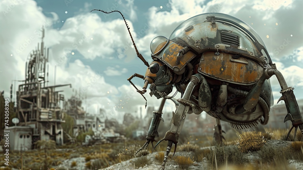 Innovative illustration of a bug in a modern space suit traversing the ...
