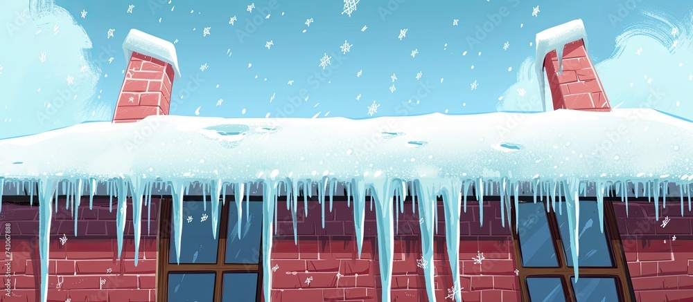 A red brick building is coated in a layer of snow, with long ...