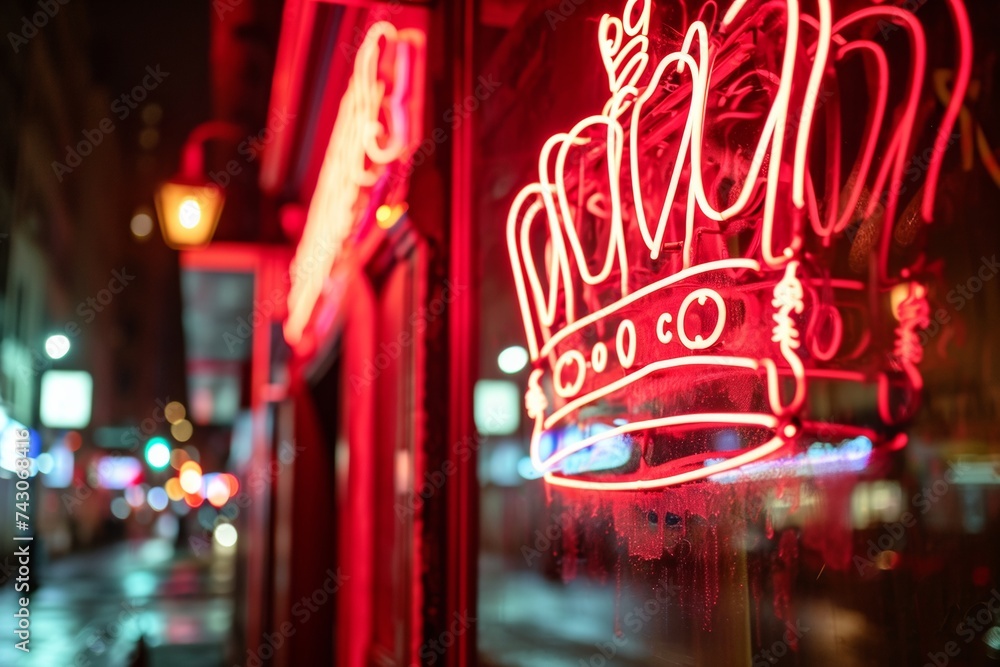 red neon crown sign on the window by the entrance to the shop, store or ...