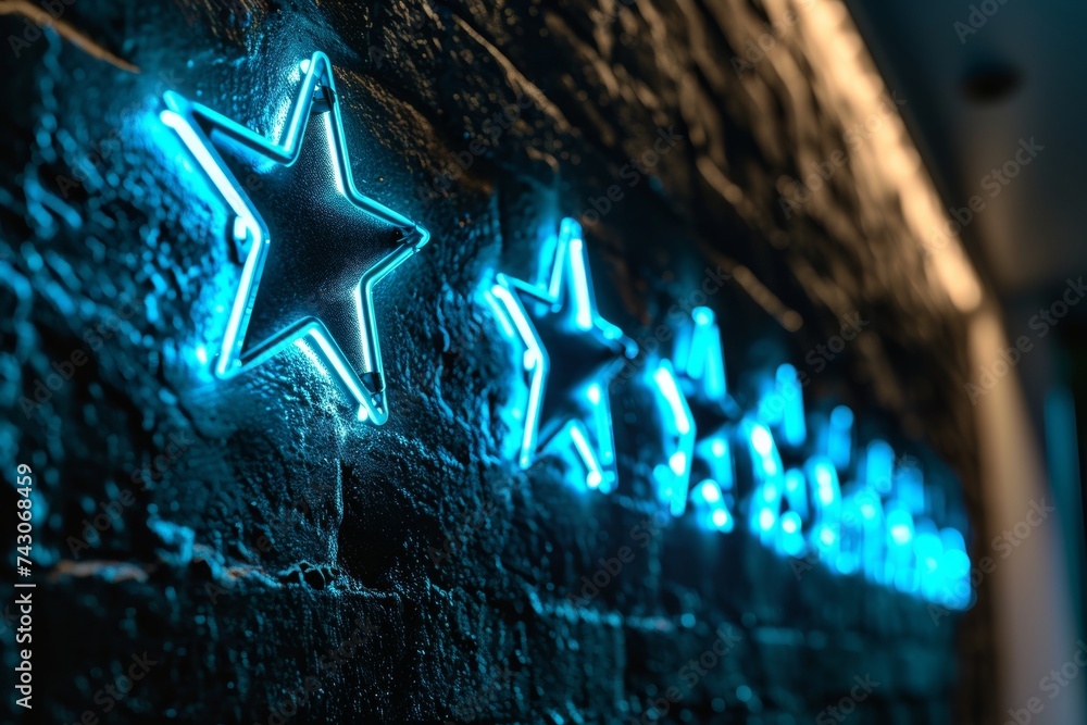 blue neon star symbols on the brick black wall. Glowing sign at the ...