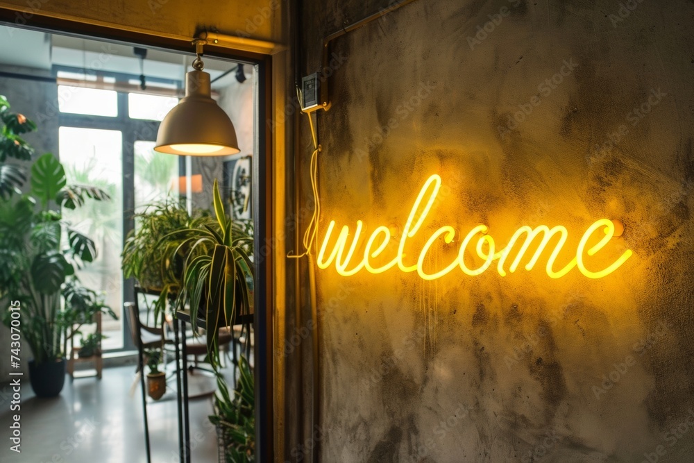 WELCOME yellow neon word on the black wall. neon sign non gray concrete ...