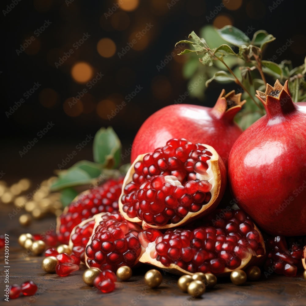 This image features a detailed close-up of several ripe pomegranates ...