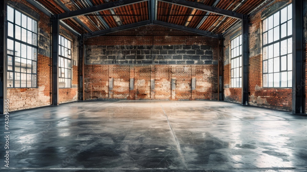 Spacious empty industrial loft with an old warehouse interior featuring ...