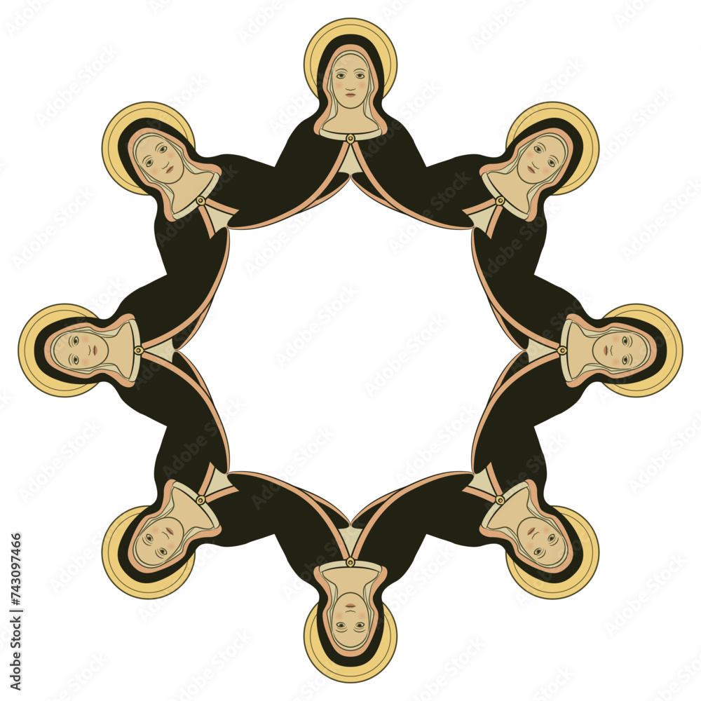 Round geometrical frame, mandala or border with images of Virgin Mary ...