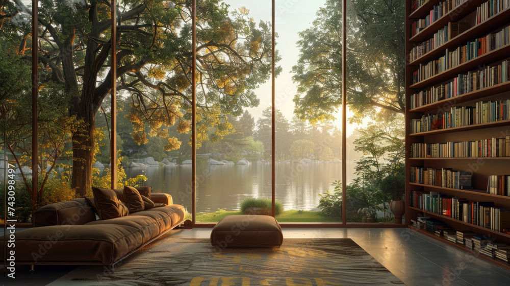 scenic bookshelf background of home office library with window views in ...